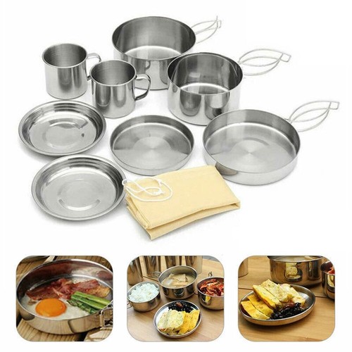 8x Cookware Set Steel Pan Pot Outdoor Camping Hiking Picnic Cooking Set ...