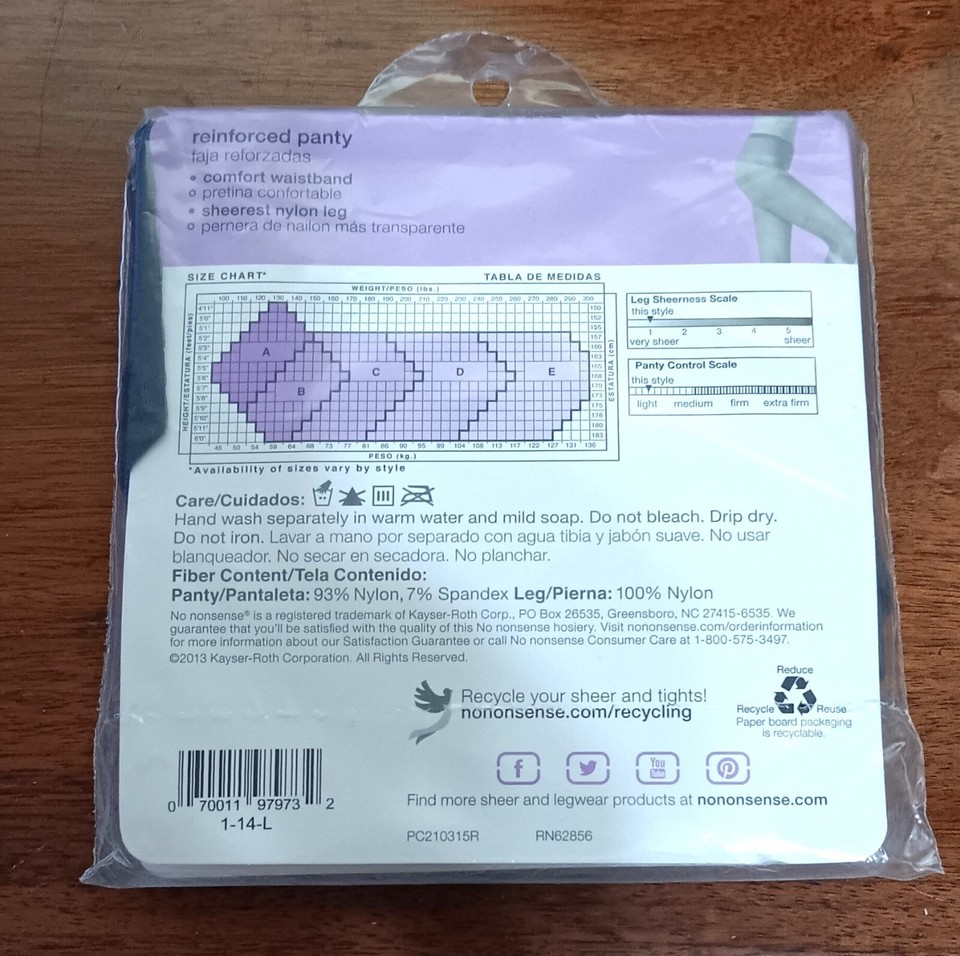 No Nonsense Ultra Sheer Panty Hose Reinforced Panty Toe Size B Off ...