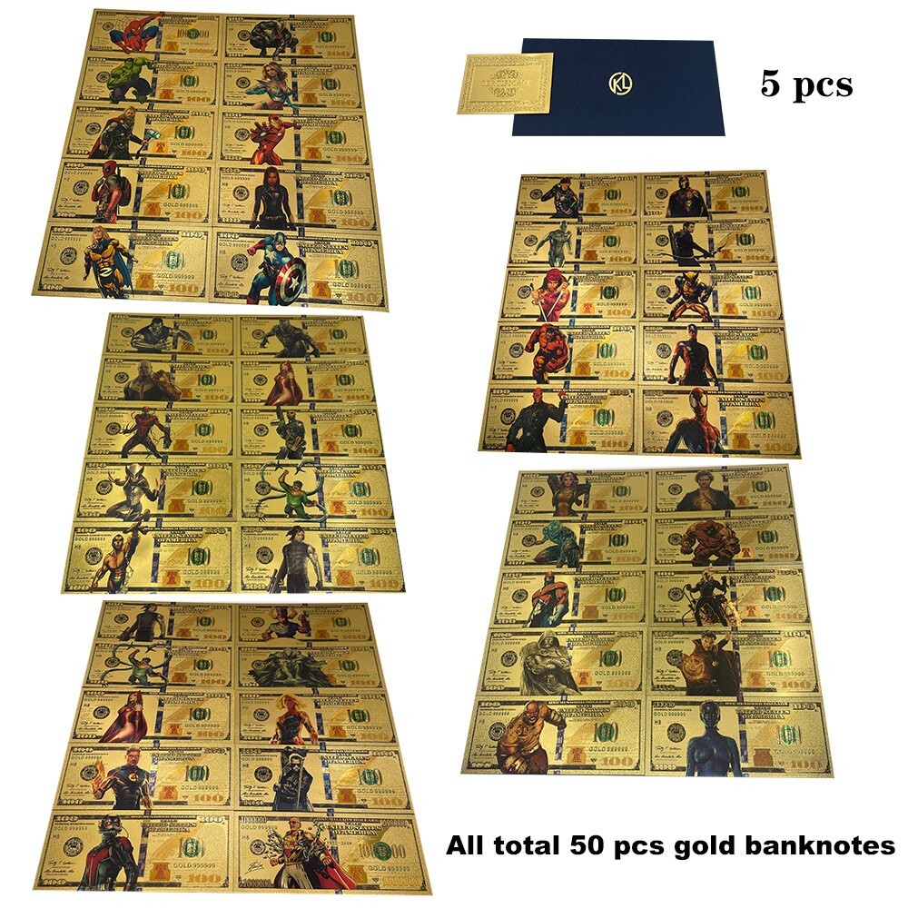 50pcs/lot Movie Hero Star Collection Cards Gold Foil Banknote $100 NOTE ...