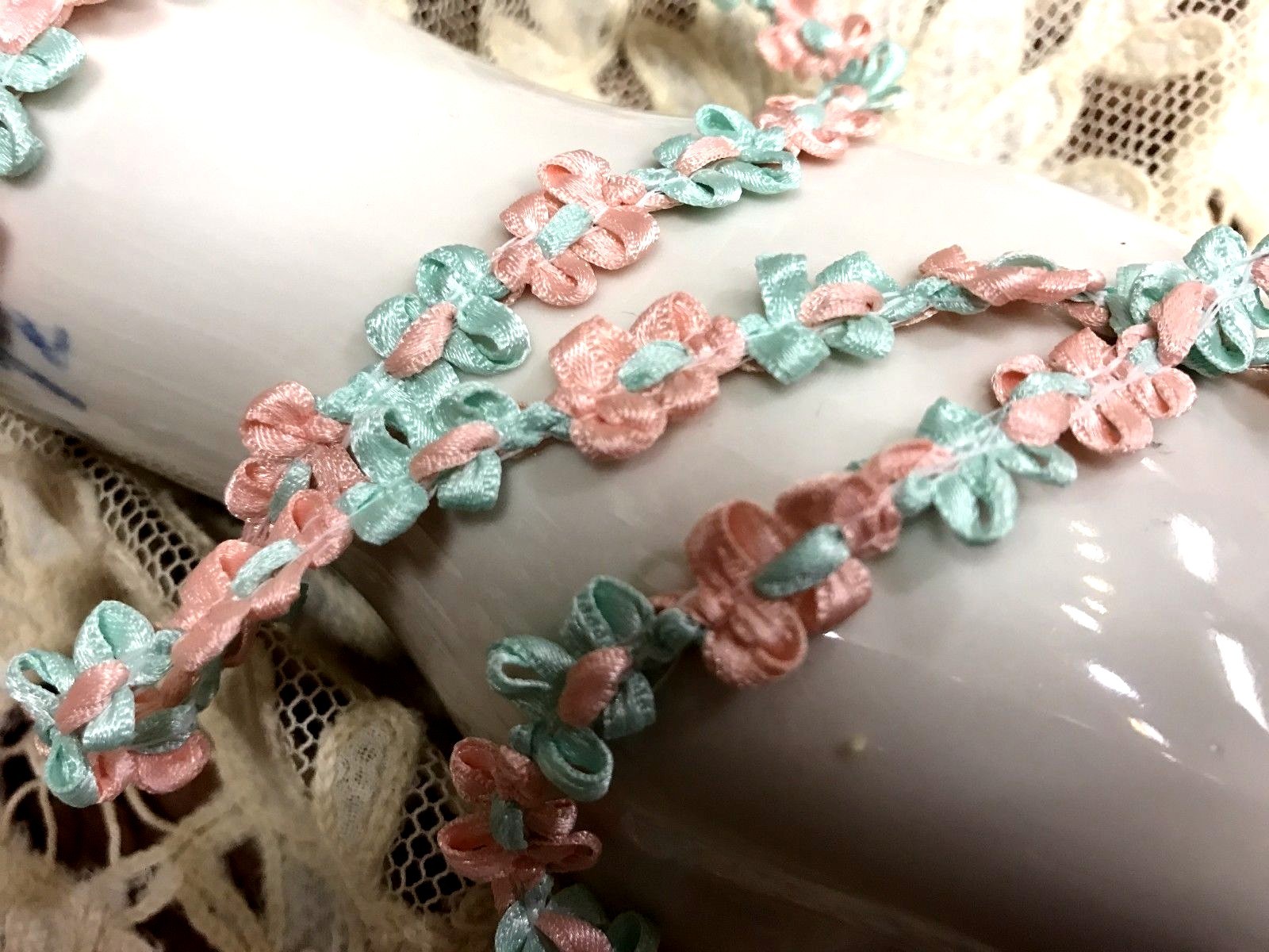 vintage rococo trim ribbon 3/8" satin flower 1yd pink aqua | eBay