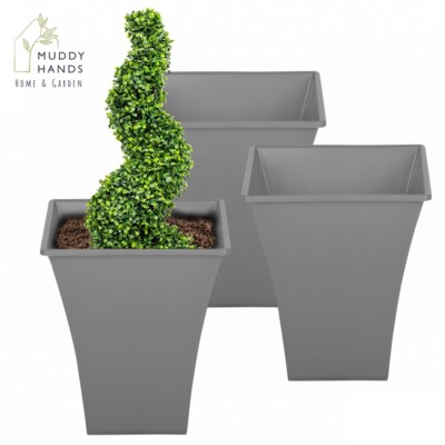 3 x Grey Large Plant Pots Indoor Outdoor Garden Tall Plastic Flower ...