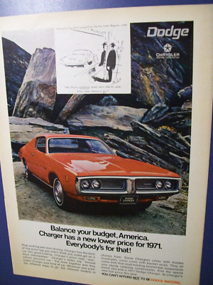 197 Dodge Charger mid-size mag car ad w/cartoon- "Balance your budget ...