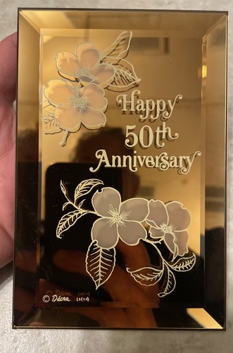 Happy 50th Anniversary Pattern Gold Colored Glass Mirror Plaque 4” X 6 ...