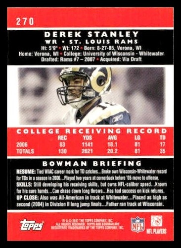 2007 Bowman #270 Derek Stanley Rookie St. Louis Rams | eBay