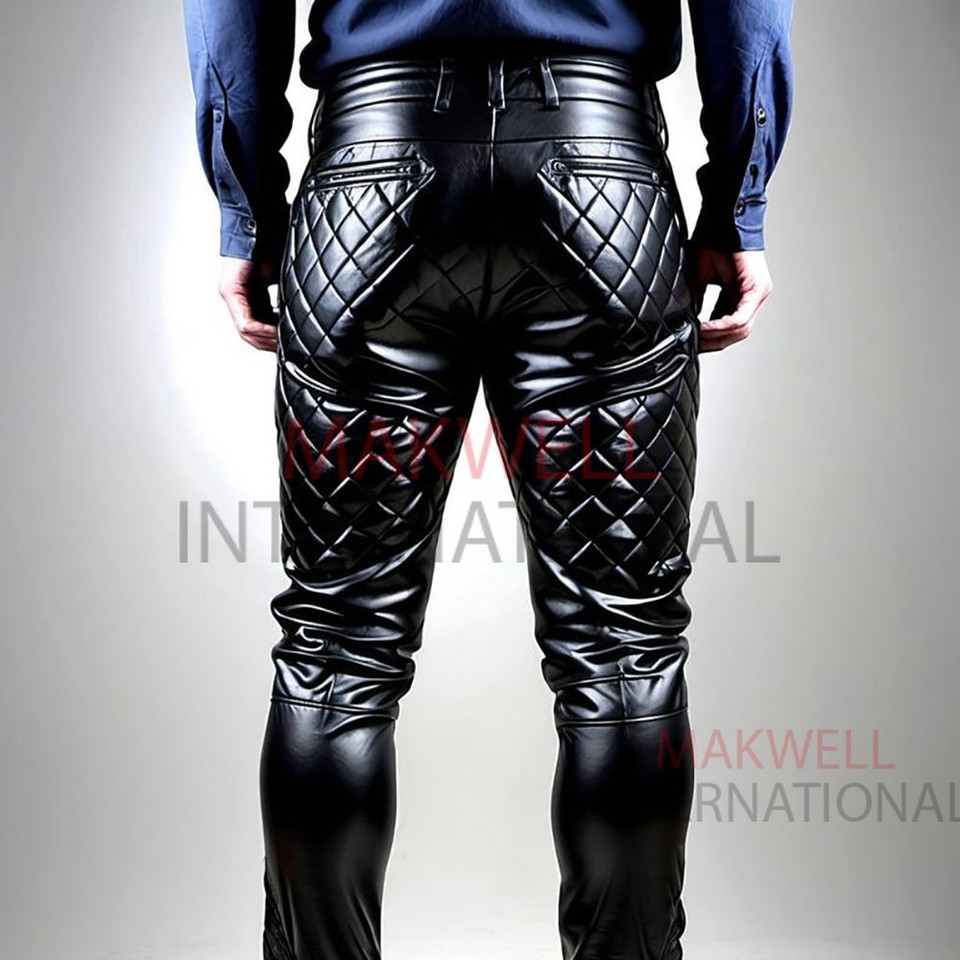 Men Real Leather Black Pant Slim Fit Casual Gay Punk Padded Biker ...