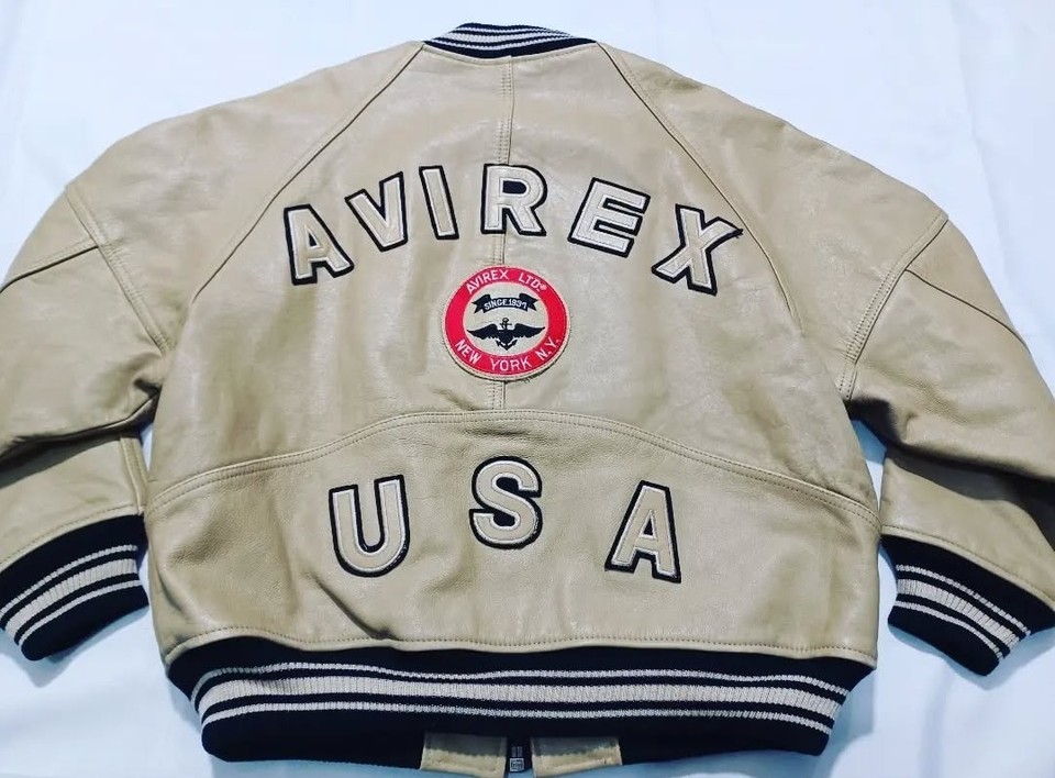 EUC BLACK/TAN Bomber avirex leather jacket sz L | eBay