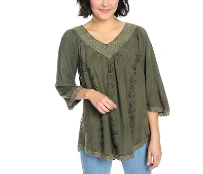 NEW Indigo Thread Co Woven Mineral Washed 3/4 Sleeve Crochet Trimmed V ...