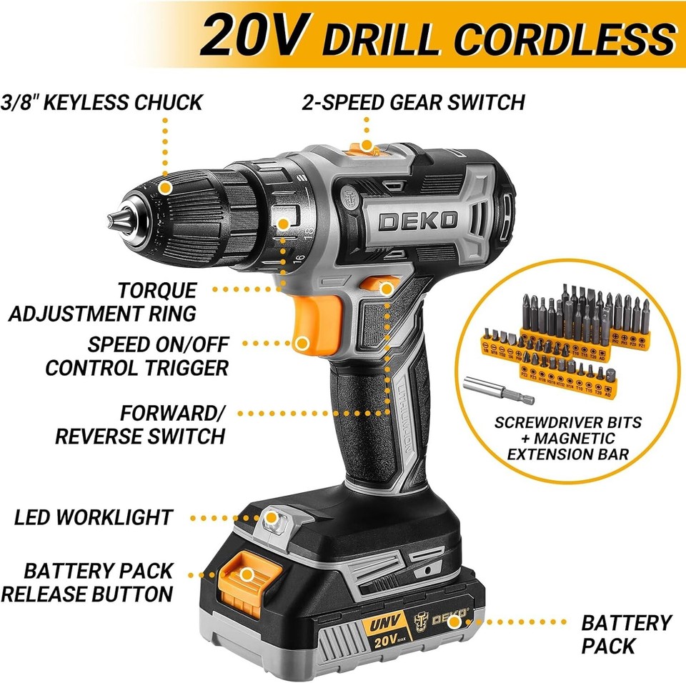 Cordless Drill Tool Kit Set: 20V Power Drill Tool Box with Battery ...