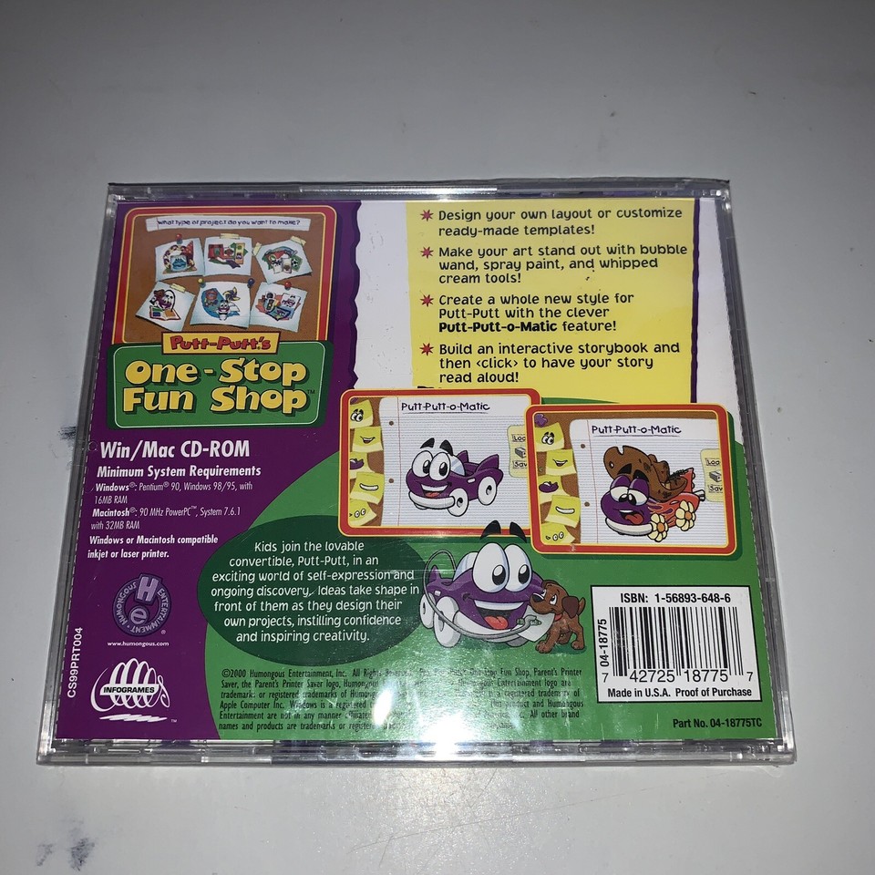 Vtg Putt-Putt’s One Stop Fun Shop PC CD-Rom Design Print Creations 2000 ...