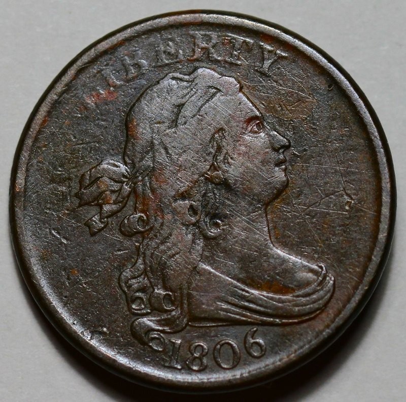 1806 Draped Bust Half Cent - Small 6/Stemless - Rotated Die - 1/2c ...