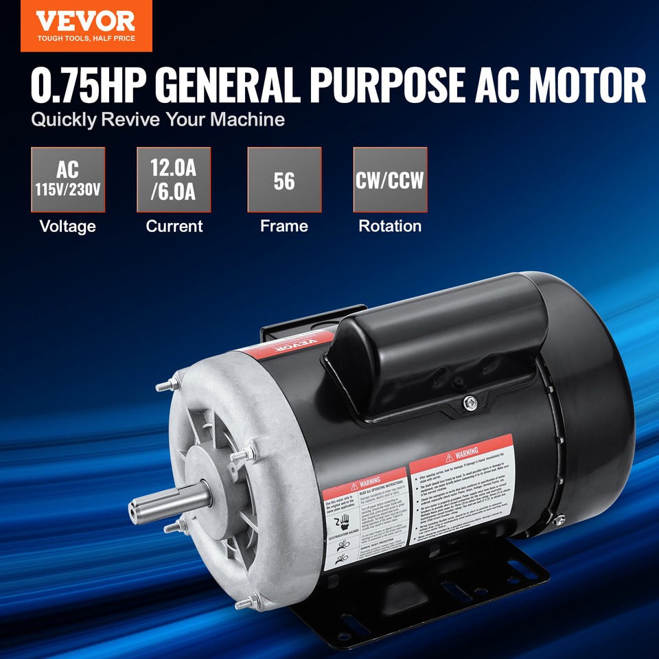 VEVOR 3/4 HP Electric Motor 1725RPM 56 Frame 1-Phase 5/8" Keyed Shaft ...