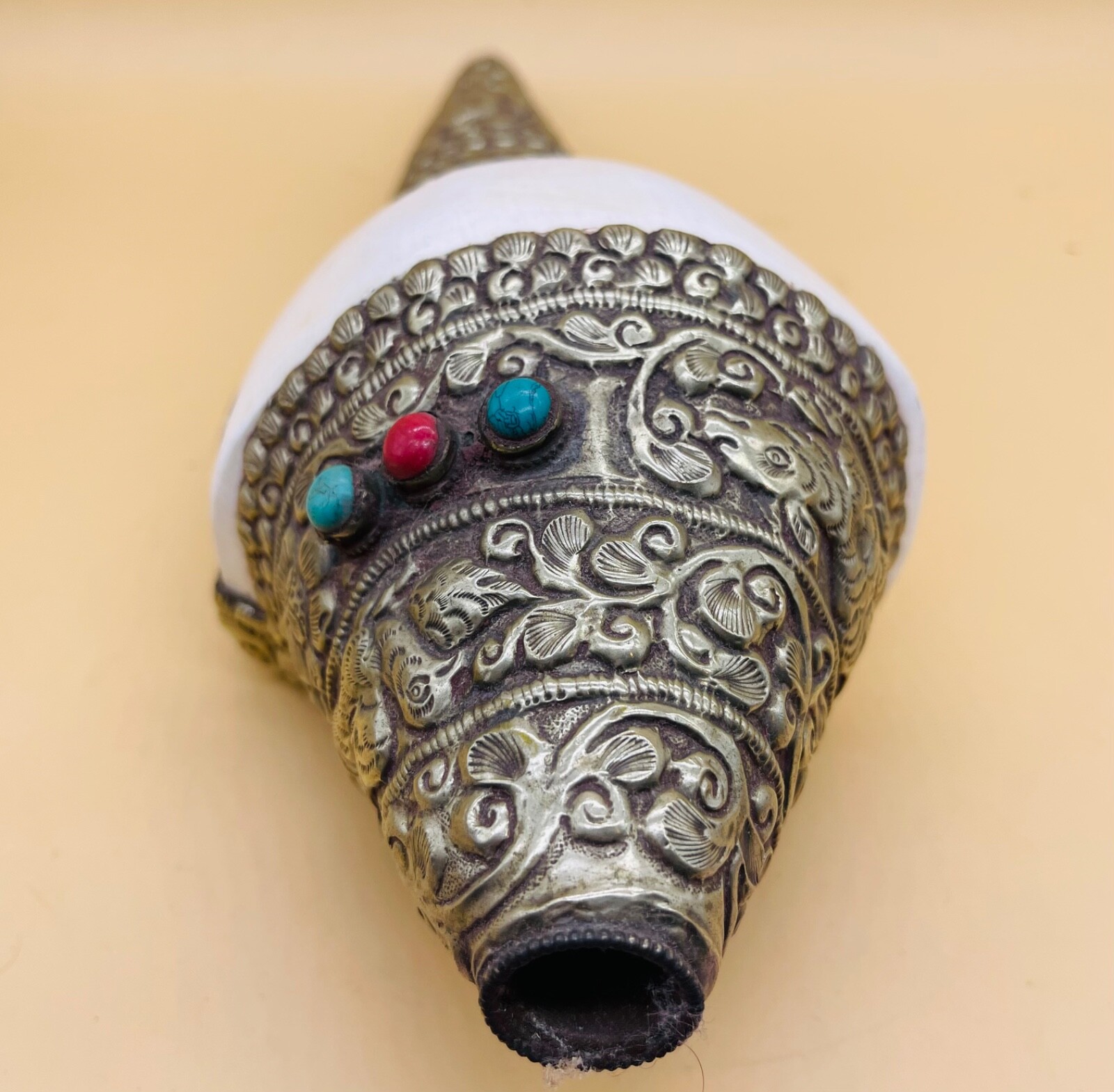 Ancient tibetan silver, shell and stones ceremonial monks instrument ...