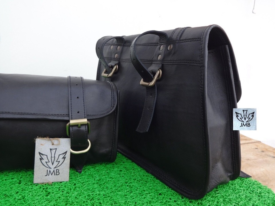 COMBO Real Black Leather Saddle Bag 2 Side Bag 1 Tool Pouch Motorcycle ...