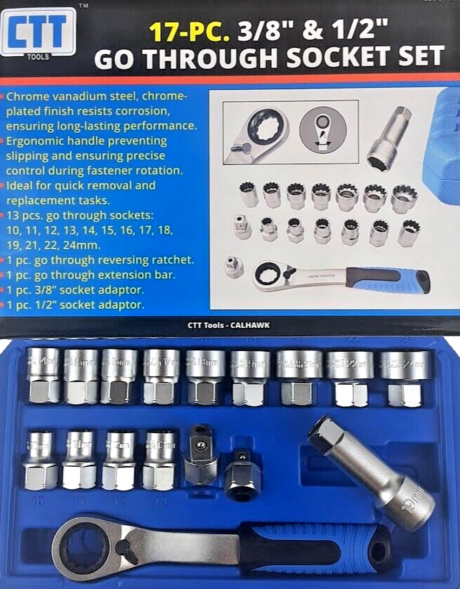 17-pc Metric 3/8" and 1/2" Driver Go Through Pass-Go-Thru SOCKET ...