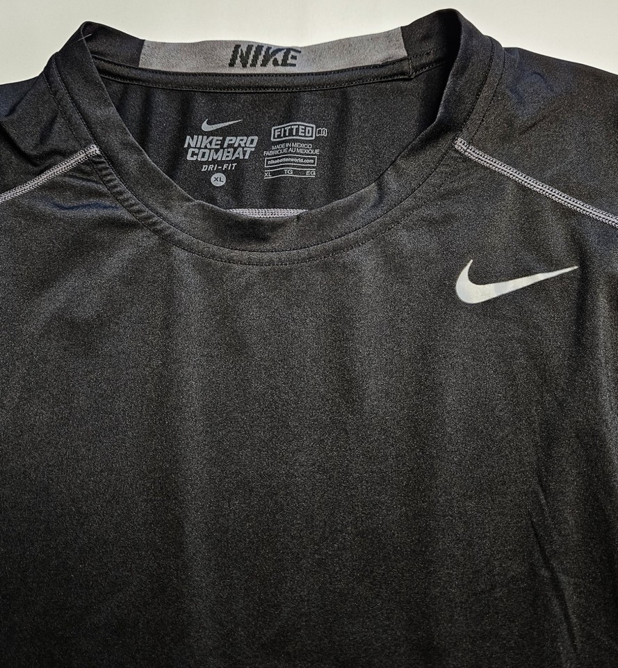 Mens Nike Pro Combat Dri Fit Fitted Long Sleeve Black Crewneck Athletic ...