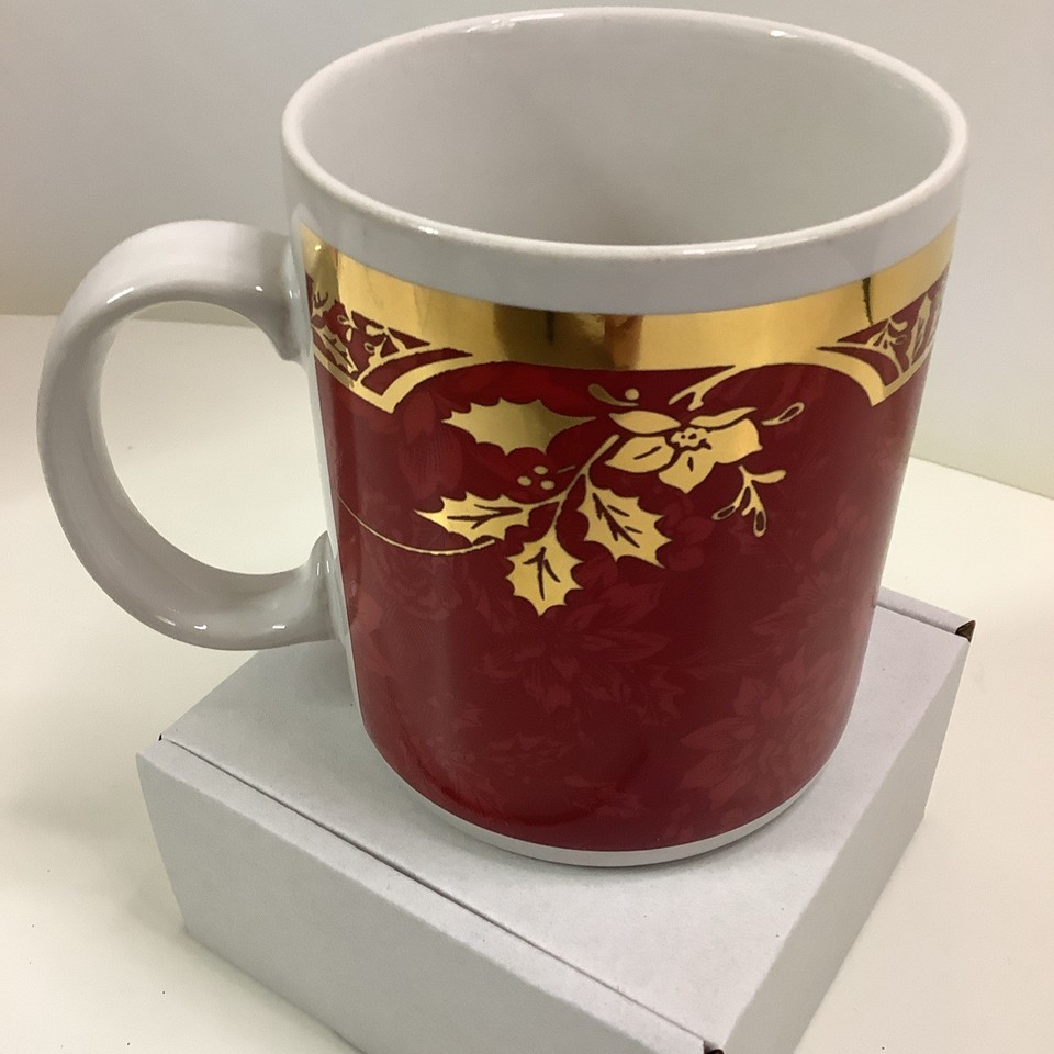 Hallmark Mug Coffee Tea Cup Maroon Gold Leaf Hollyberry Sprig Vintage ...