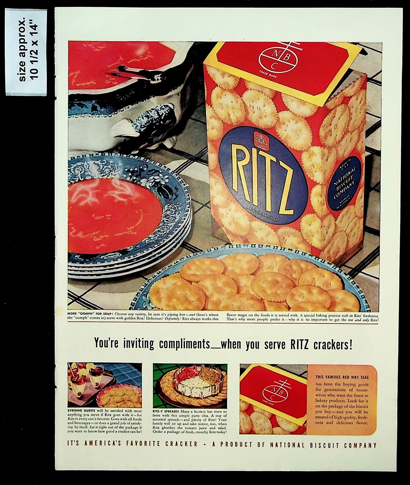 1940 Nabisco Ritz Crackers Tray Food Soup Compliments Vintage Print Ad ...