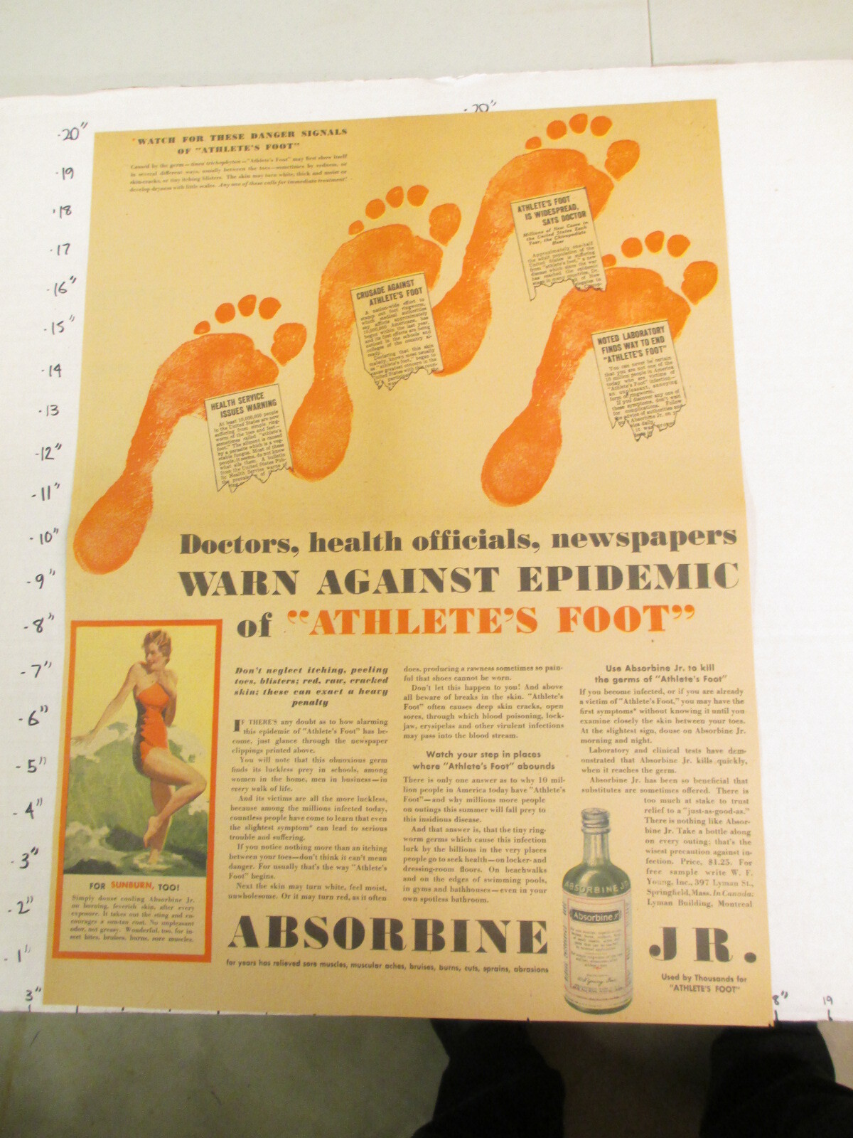 newspaper ad 1932 ABSORBINE JR athlete's foot 4 footprints swimsuit ...