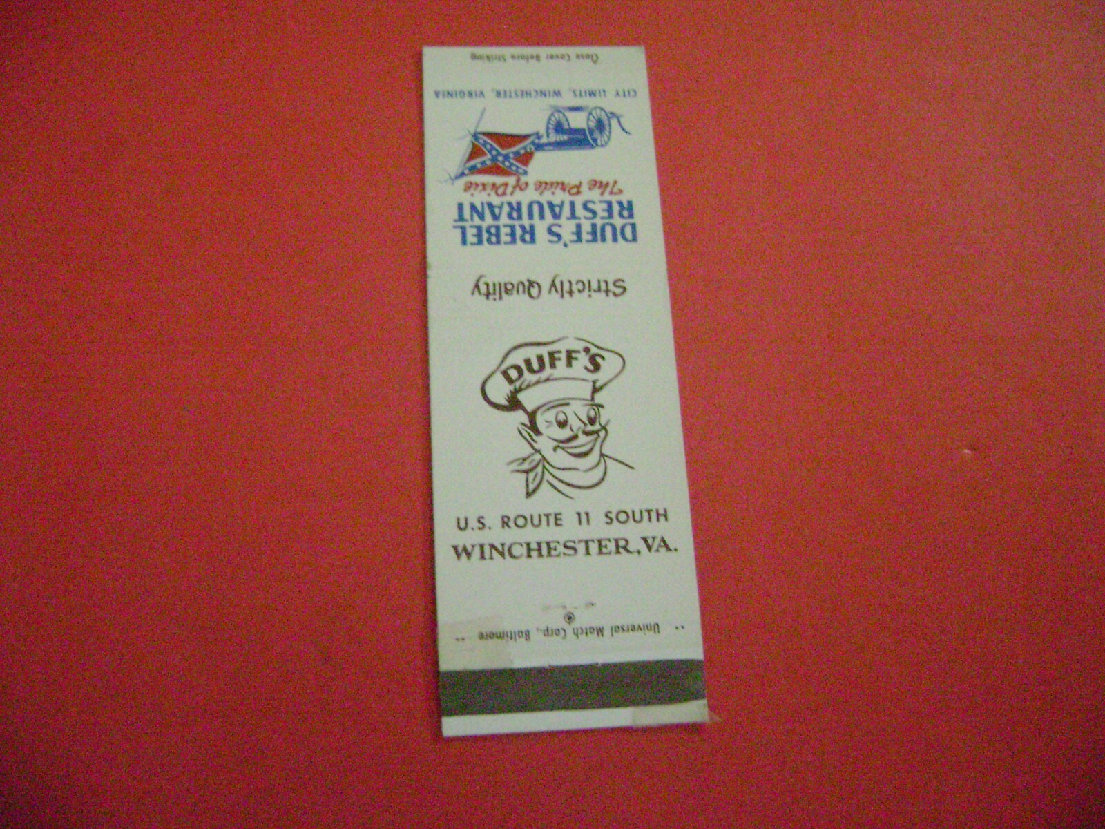 1- Match Cover, "DUFF'S REBEL RESTAURANT", Winchester, Virginia. | eBay