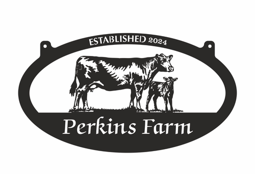 P001-18-PLASMA CUT STEEL oval hanging sign, name, est date, cow calf ...