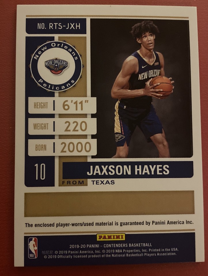 2019-20 Contenders Jaxson Hayes Rookie Ticket Jersey Relic RC Pelicans ...