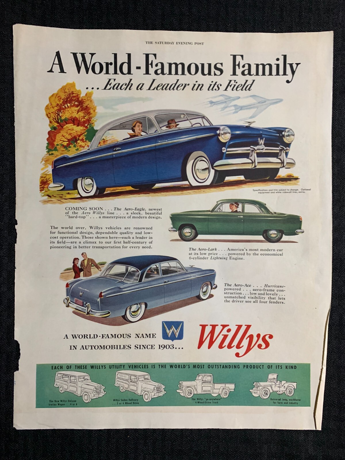 1952 WILLYS MOTOR CO. 10.5x14" Automotive Print Ad VG+4.5 A World ...