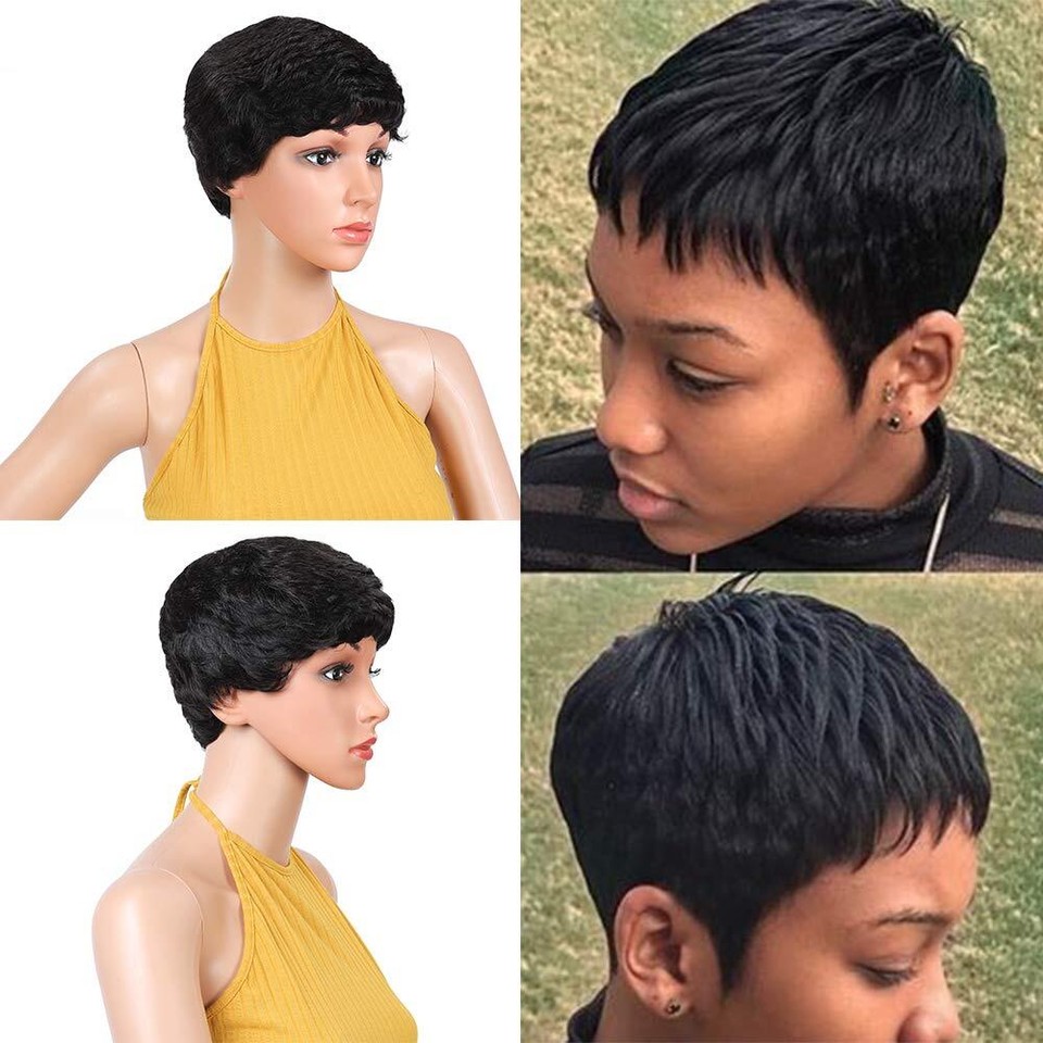 Black Short Pixie Cut Wigs None Lace Wigs Natural Indian 100% Human ...