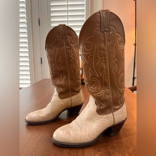 Vintage Justin Boots Cream/Tan Rare. Round Toe Cowboy Boots women Size ...