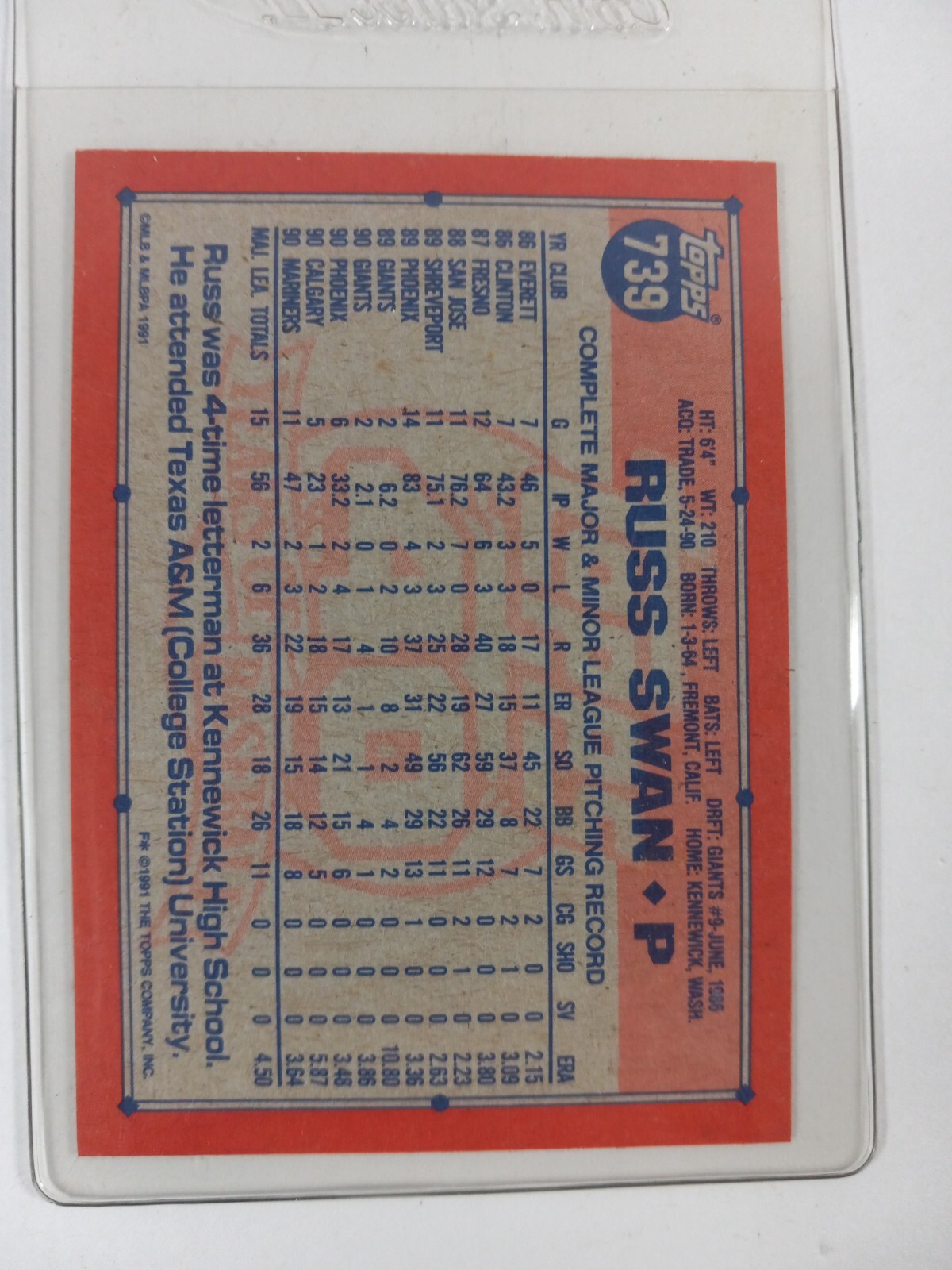 1991 Topps #739 Russ Swan (Dec) Seattle Mariners Signed Card ...