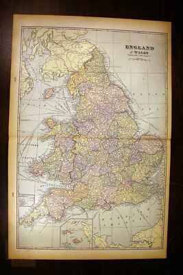 England and Wales Antique Color Map 1901 Cram's 14½" x 22" United ...