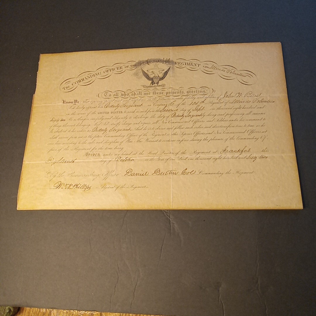 Civil War Promotion Warrant To Orderly Sergeant Of Co. C. 105TH ...