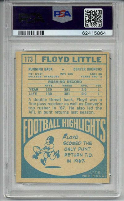 1968 TOPPS #173 FLOYD LITTLE ROOKIE RC CARD DENVER BRONCOS PSA 6 LOW ...