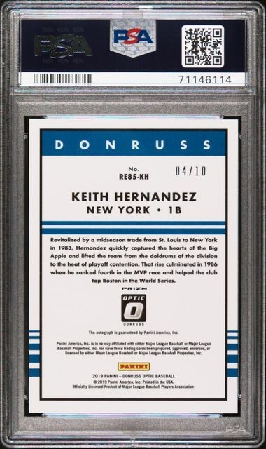 2019 Donruss Optic Keith Hernandez Blue Retro /10 1985 AUTO PSA 10 GEM ...