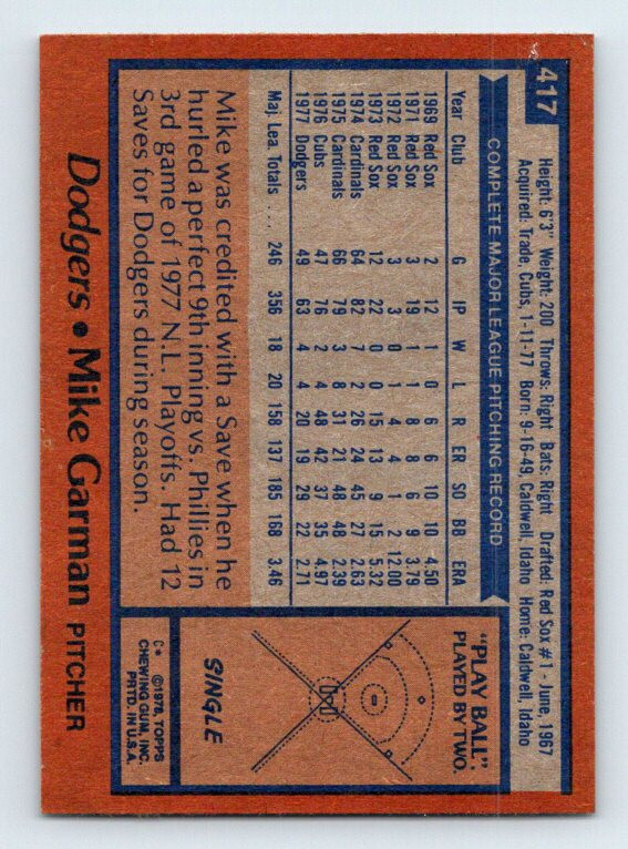 MIKE GARMAN Los Angeles Dodgers 1978 Topps Baseball Card B201 | eBay