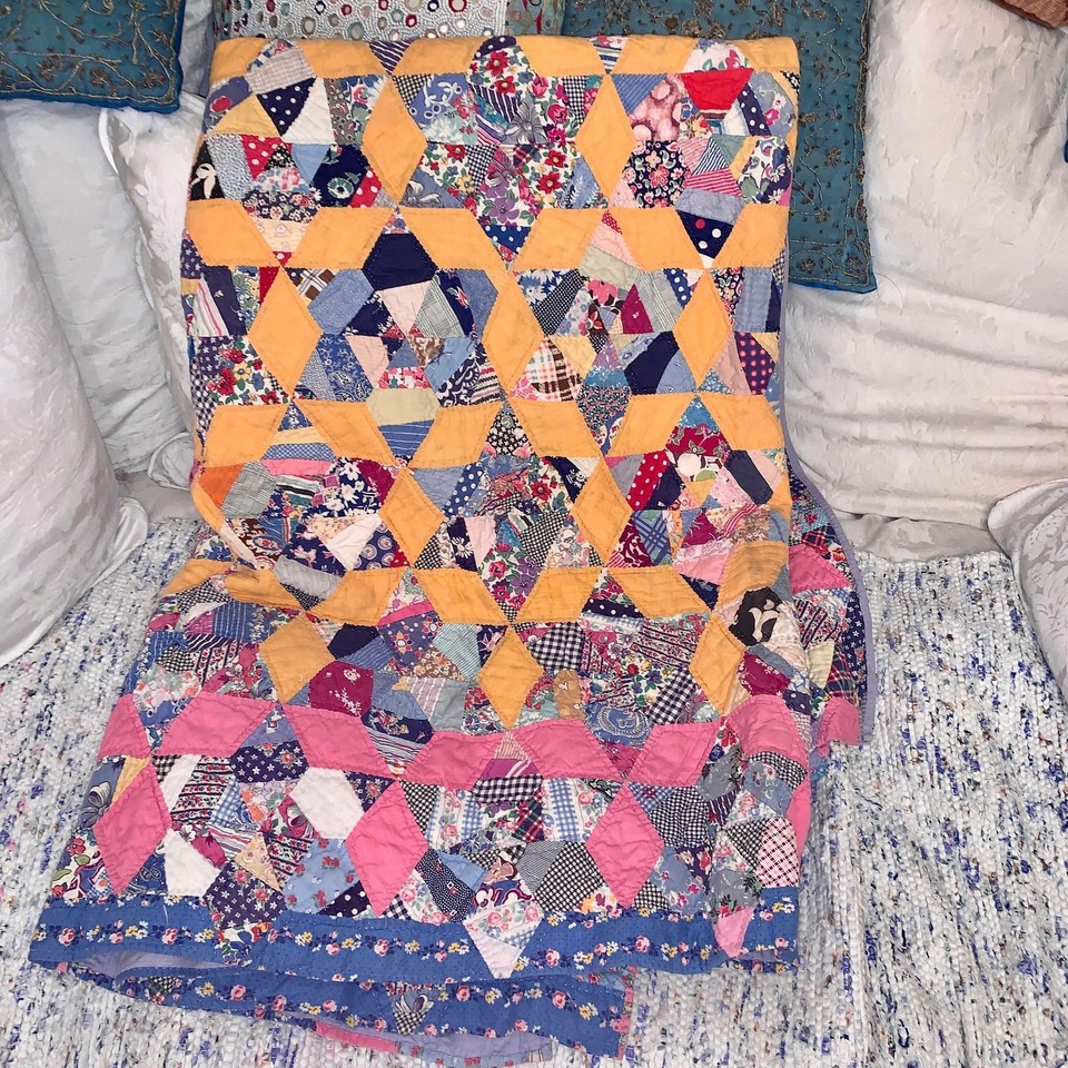 LARGE UNIQUE 1940's PINK YELLOW ANTIQUE STAR QUILT | eBay