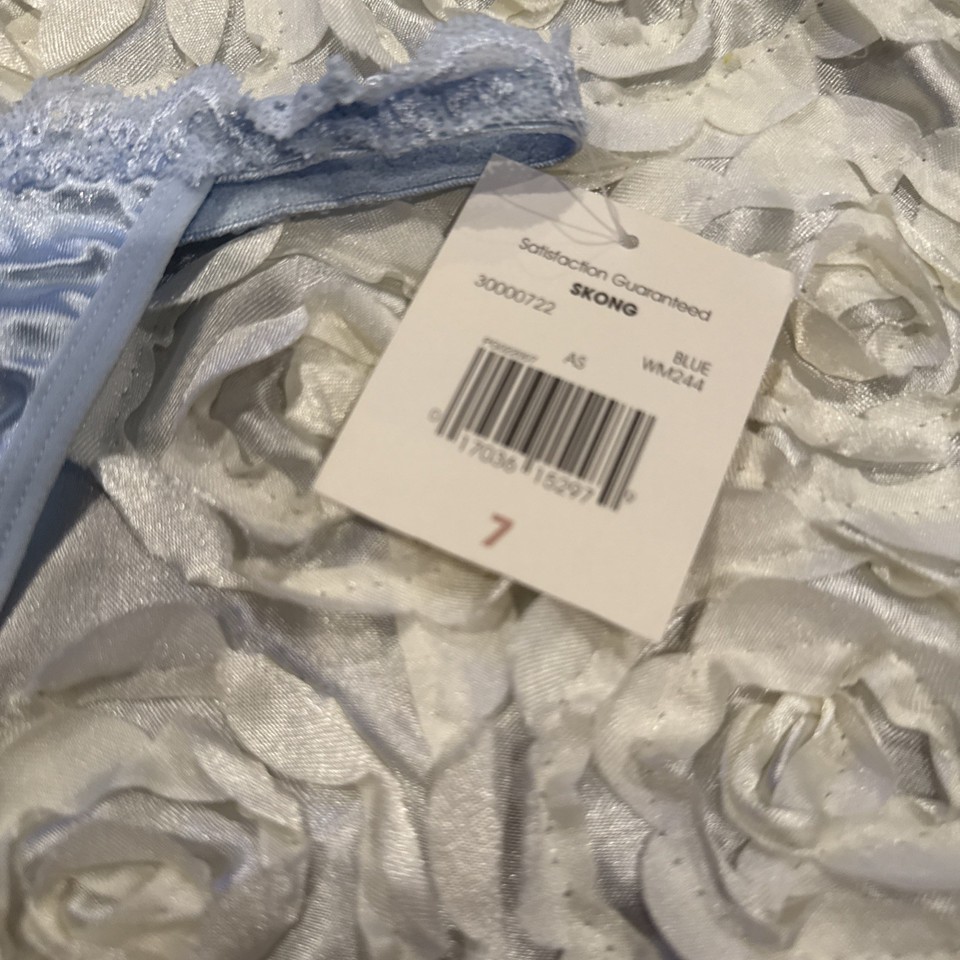 Vtg Secret Treasures Floral Lace Waist Blue Satin Thong Panties SZ 7 | eBay