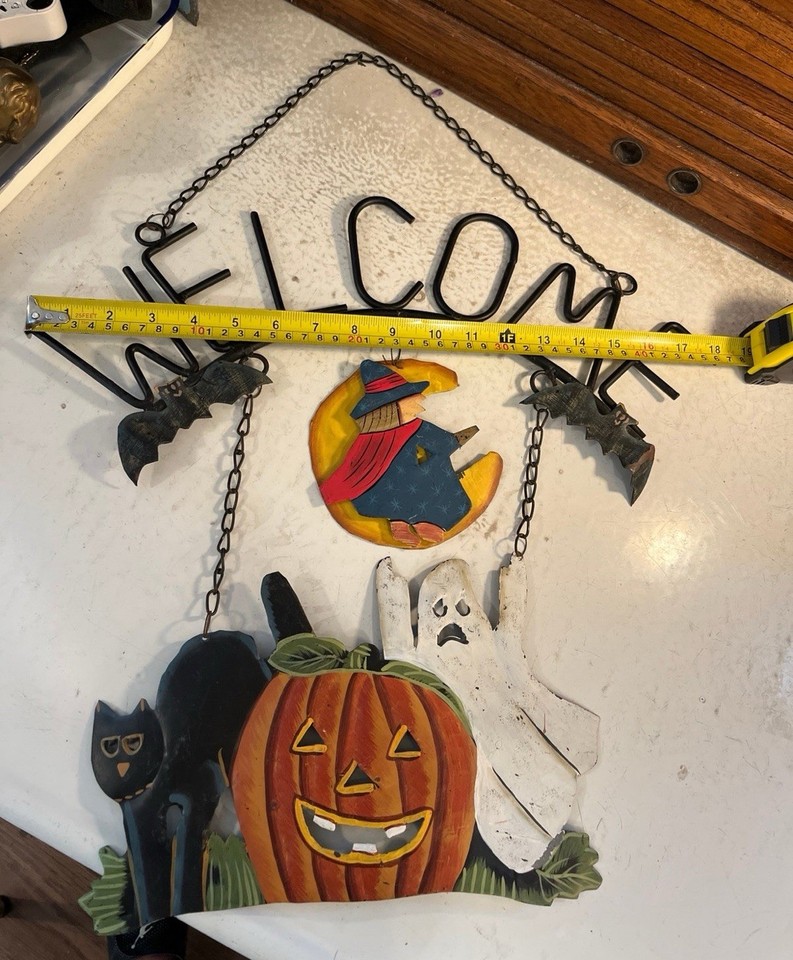 VTG Metal Halloween “WELCOME” Decor Witch, Ghost, Cat, Bats & Jack-o ...