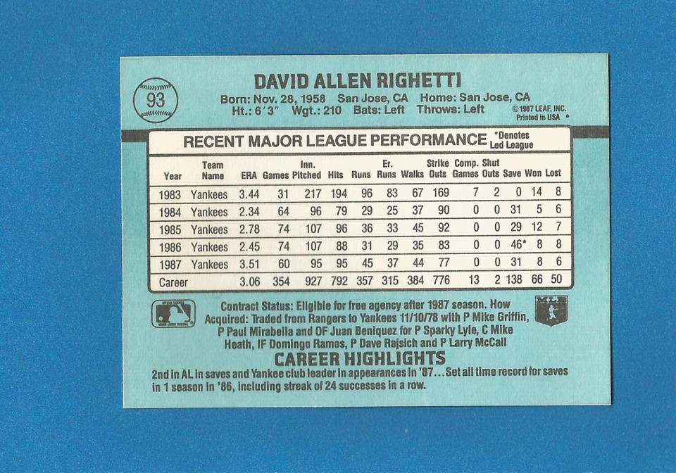 Dave Righetti 1988 Donruss MLB Baseball #93 (MINT) New York Yankees | eBay