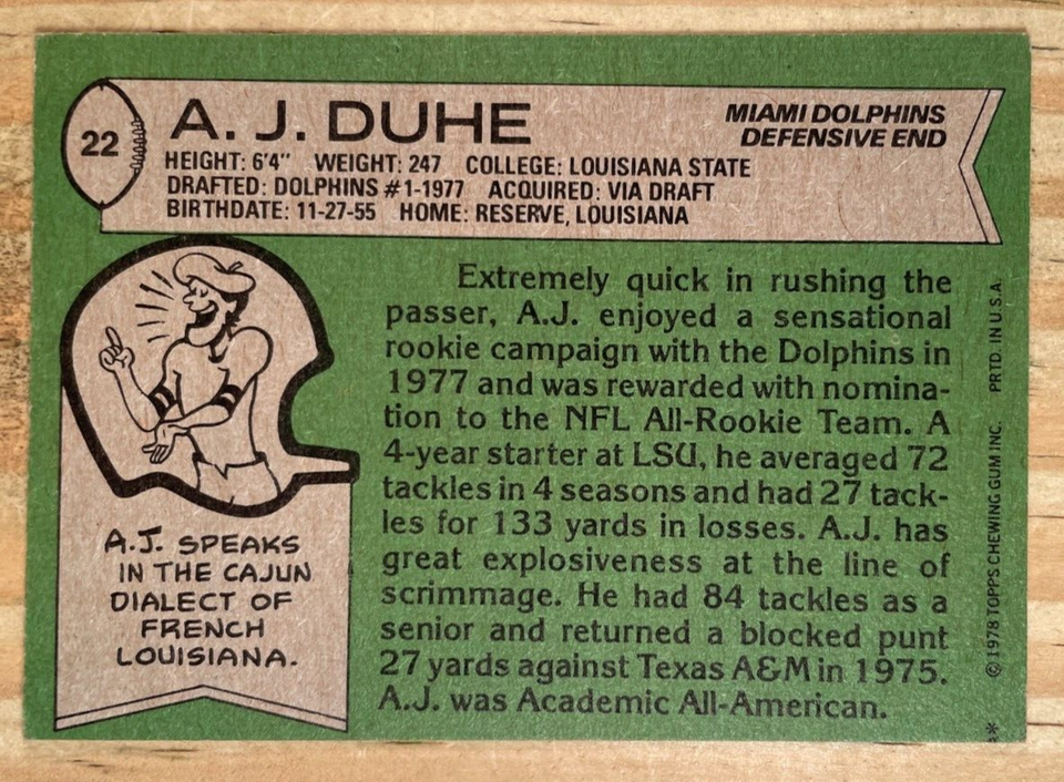 1978 TOPPS A.J. DUHE ROOKIE CARD#22 MIAMI DOLPHINS LSU TIGERS | eBay