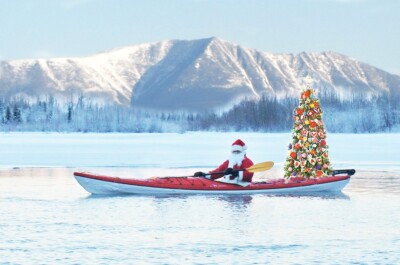 Xmas card Santa kayaking with xmas tree hand-made by Jean McLean | eBay