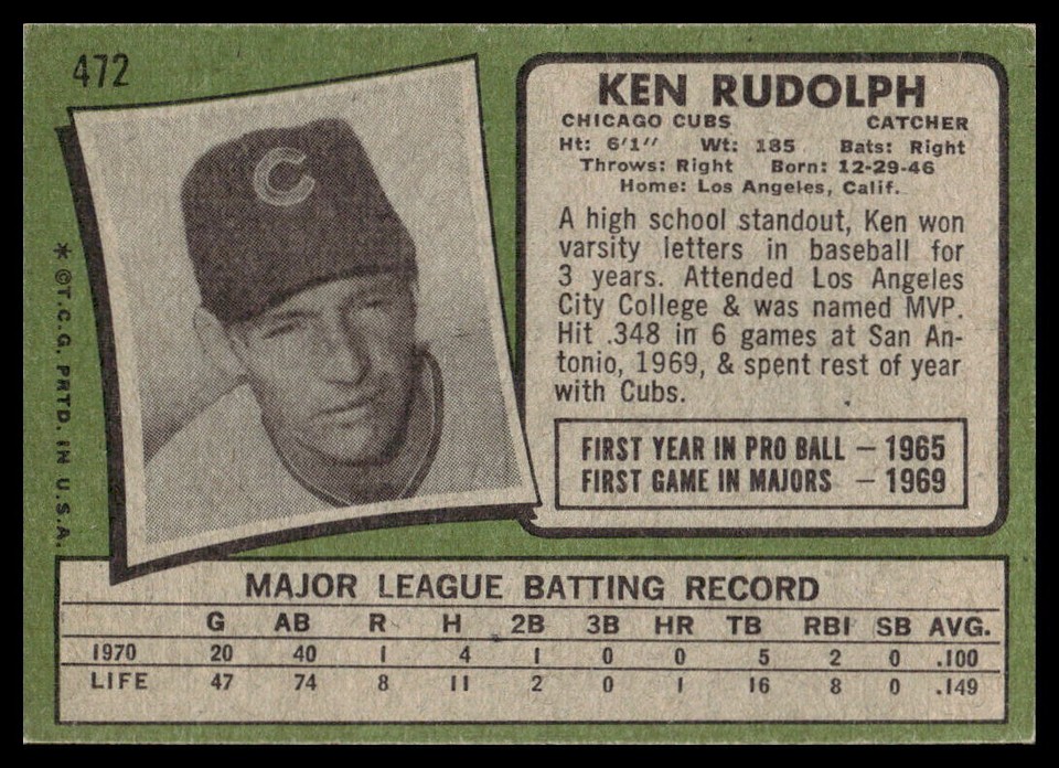 1971 Topps #472 Ken Rudolph Chicago Cubs VG-VGEX | eBay