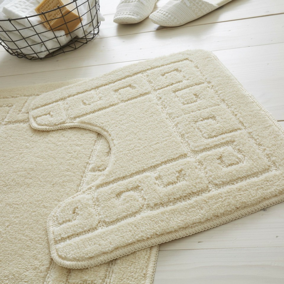 JACQUARD GREEK STYLE BATH MAT PEDESTAL SET NON SLIP TOILET BATHROOM ...