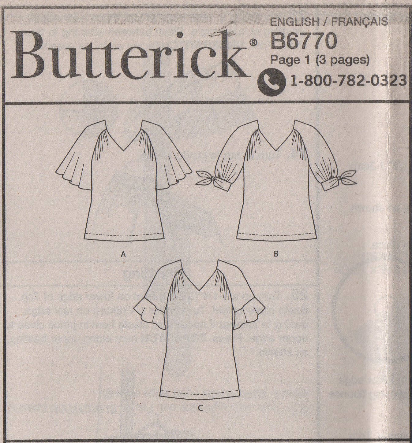 Butterick Sewing Pattern 6770 EASY Tops with Raglan Flutter Sleeves Sz ...