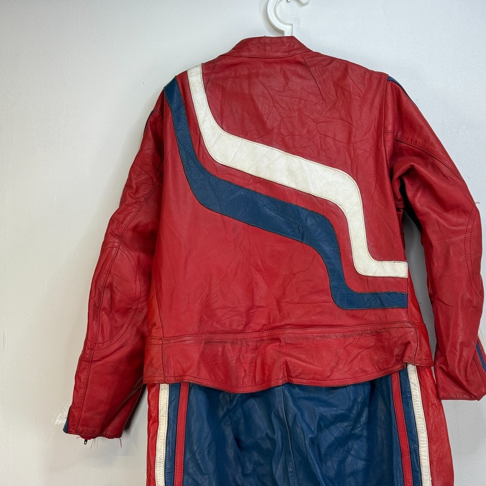 MJK Leathers 1970s 2 Piece Motorcycle Leather Race Suit Red White Blue ...