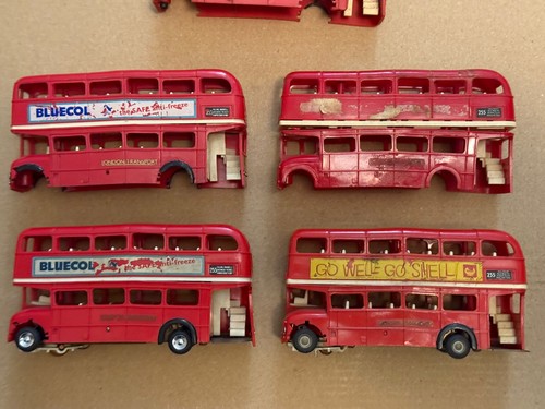 Five Minic Motorway Routemaster London Buses & 2 brass slot car chassis ...