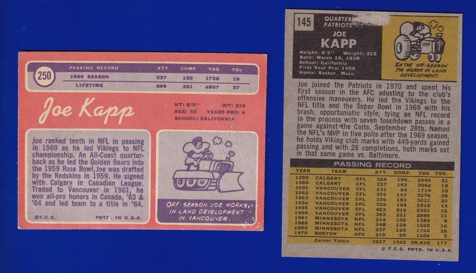 2 JOE KAPP PATRIOTS VIKINGS LOT 1970 TOPPS #250 1971 #145 VG-EX NO ...