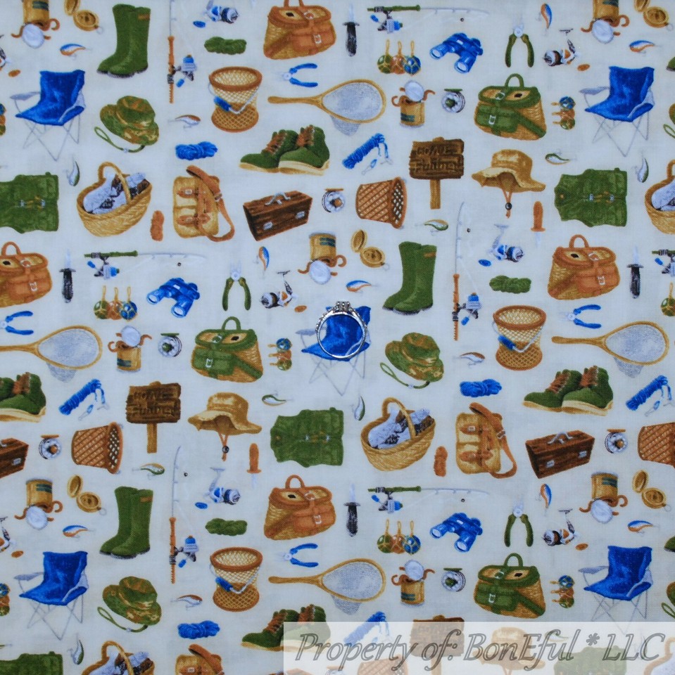 BonEful Fabric FQ Cotton Quilt USA Cub Boy Scout Camp Cook Scenic Fish ...