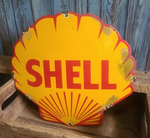 LARGE Vintage SHELL Die Cut Clam Logo Porcelain Metal Oil Gas Pump ...