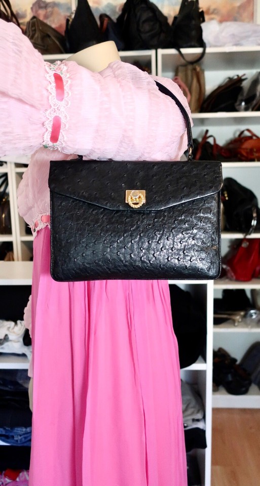 Vintage ALFRED ROTH Black Ostrich Leather Tote Bag Hand Bag Top Handle ...