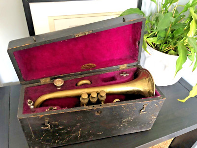 VINTAGE F.BESSON LONDON - BRASS CORNET IN THE ORIGINAL WOODEN HARD CASE ...